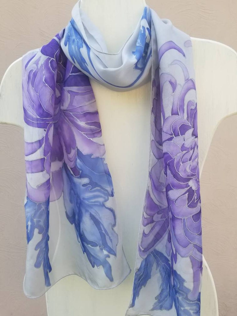 Grey and Purple Hand Painted Silk Scarf Chrysanthemums with | Etsy