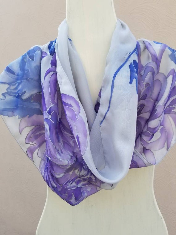 Grey and Purple Hand Painted Silk Scarf Chrysanthemums with | Etsy