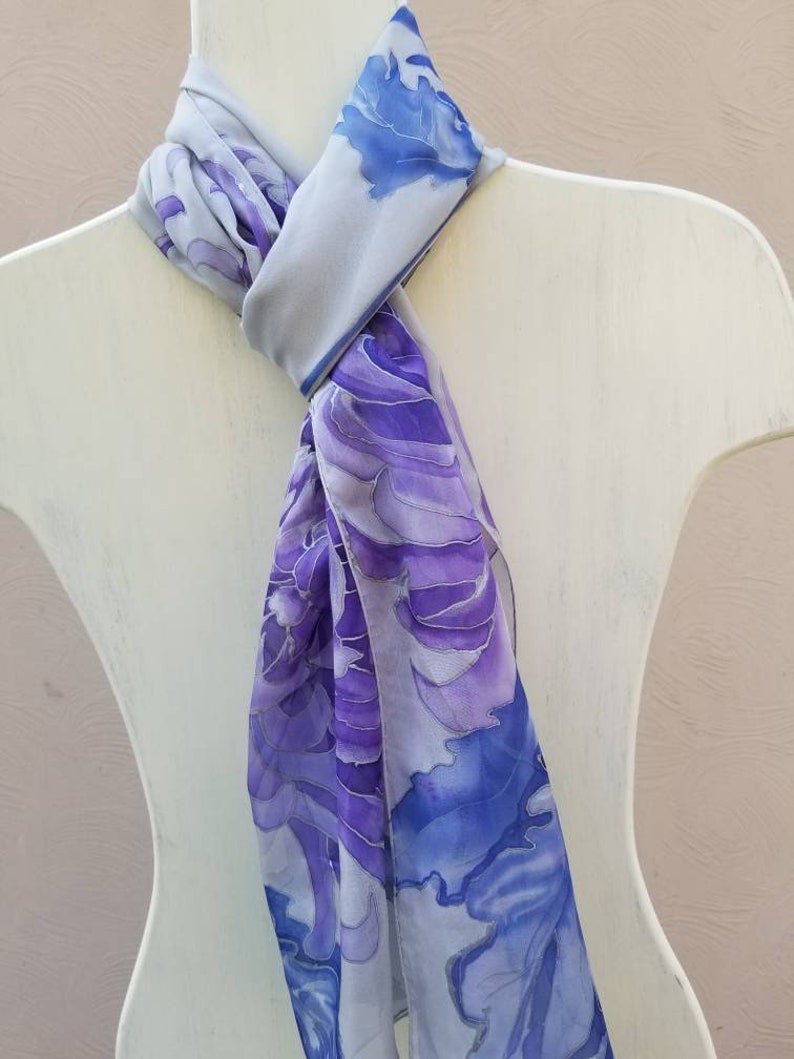 Grey and Purple Hand Painted Silk Scarf Chrysanthemums with | Etsy