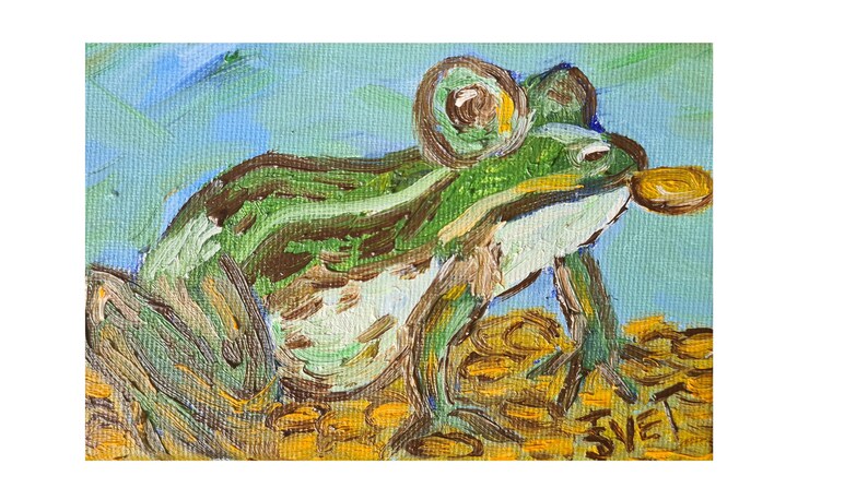 Money Frog, Oil Painting on Canvas, Canvas on Stretcher, 3.9x5.9 Inches ...