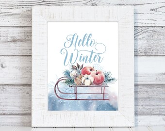 Hello Winter Printable Wall Art Snowflake Printable Hello - Etsy