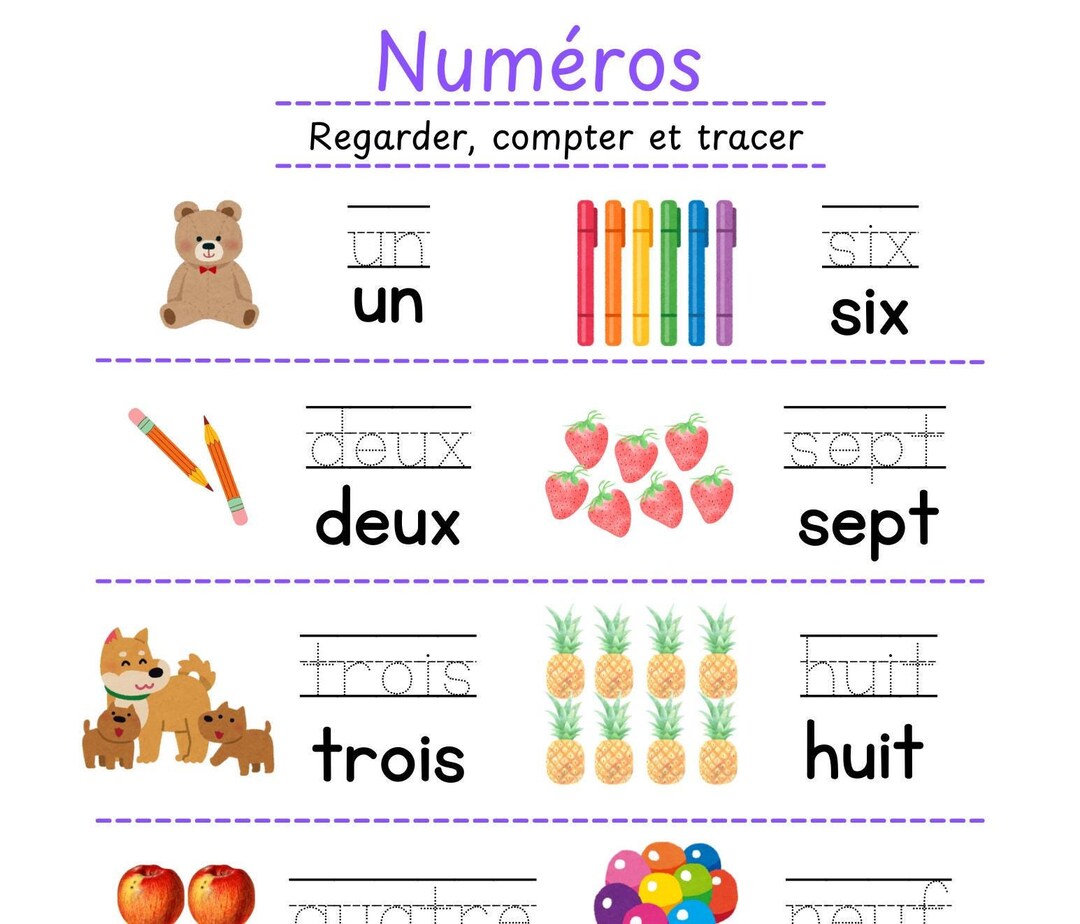 Count, Trace, Write and Match With Me Numbers 1-10 in French Printable ...