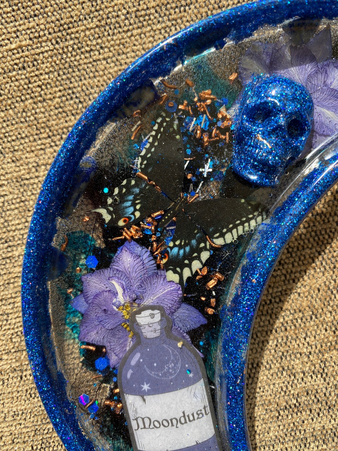 Crescent BLUE Sparkle Moon Skull Trinket Dish Crystals Moths - Etsy
