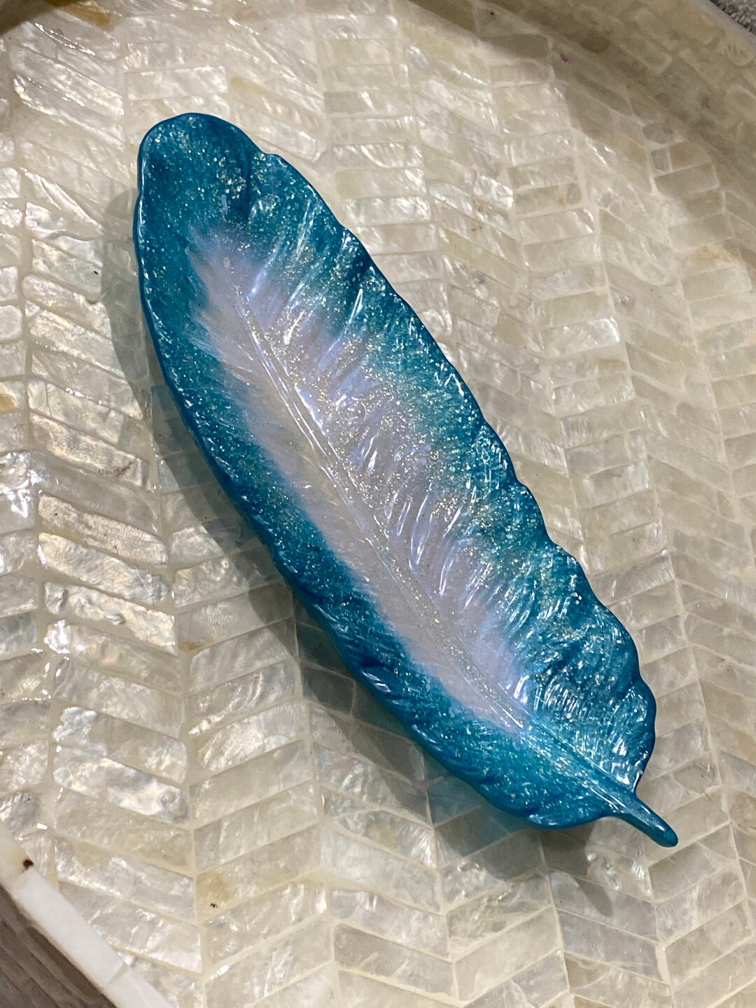 Boho Magical Feather Tray Dish White & Turquoise Shades Makeup Pallet ...