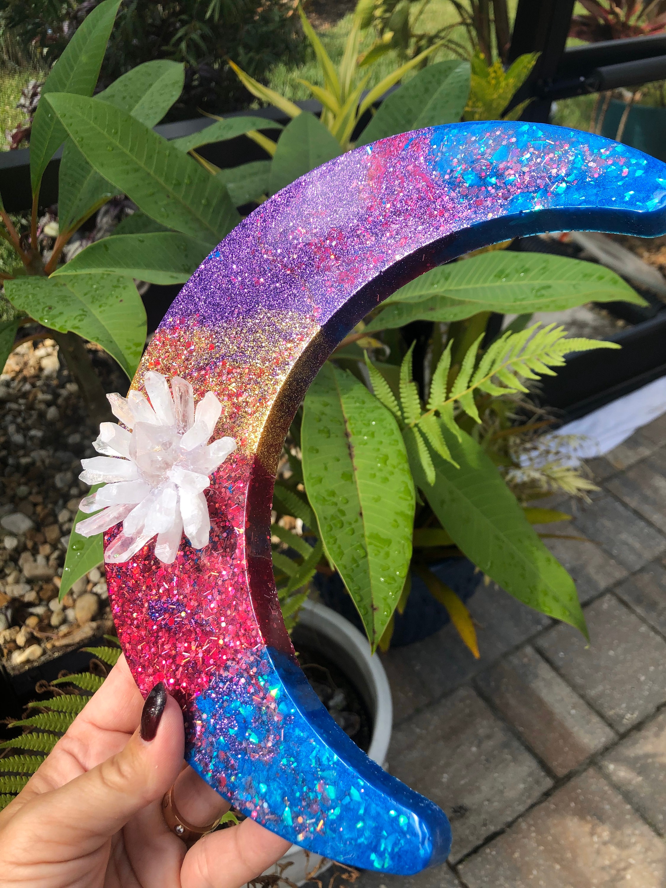 Rainbow MOON Crescent Moon W/ Quartz Crystals Infused With FLOURITE ...