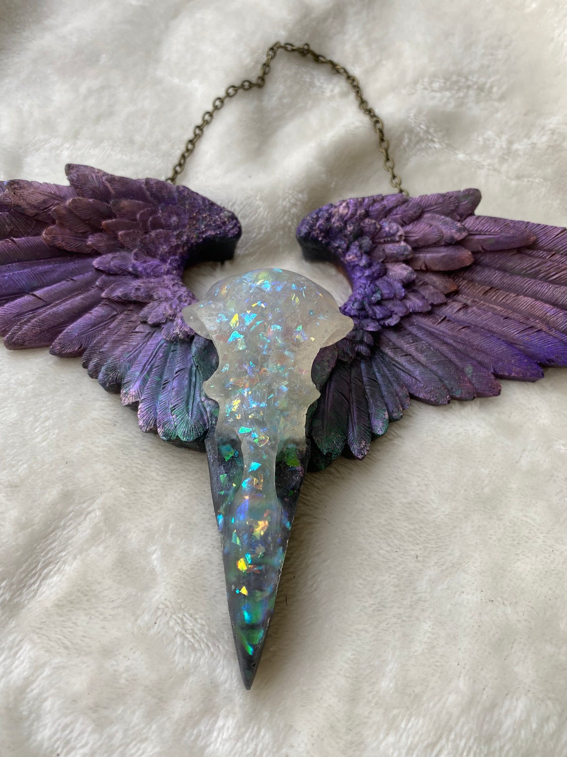 Winged Purple wings Hanging Crow Raven Skull Opalescent opal | Etsy