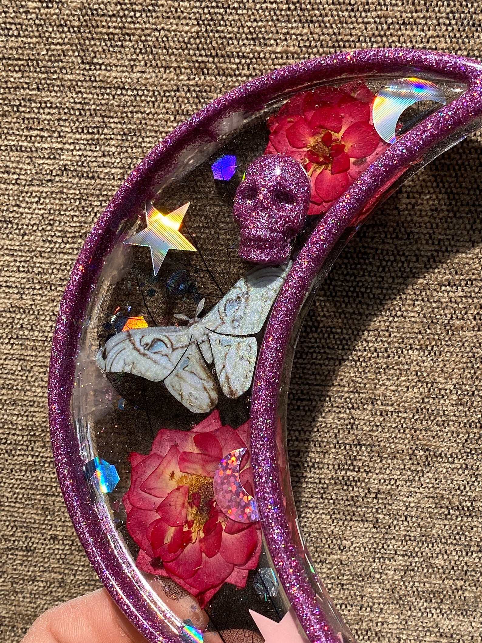 Crescent Pink Moon Skull Trinket Dish Crystals Moths Red Rose and Stars ...