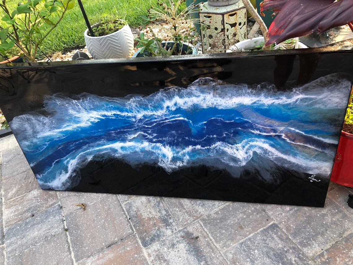 BLACK SAND Midnight Moonlight Beach Ocean Seascape Wave Resin Painting ...