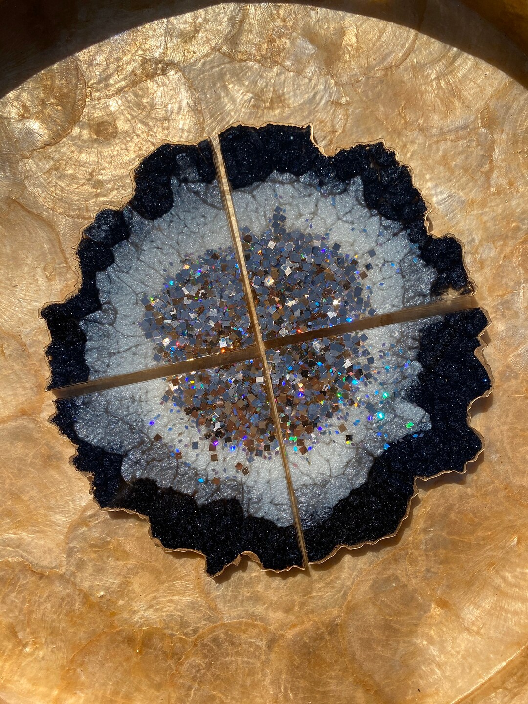 Set 4 Round Triangle Geode Agate Black & White Sparkle Elegant Coaster ...