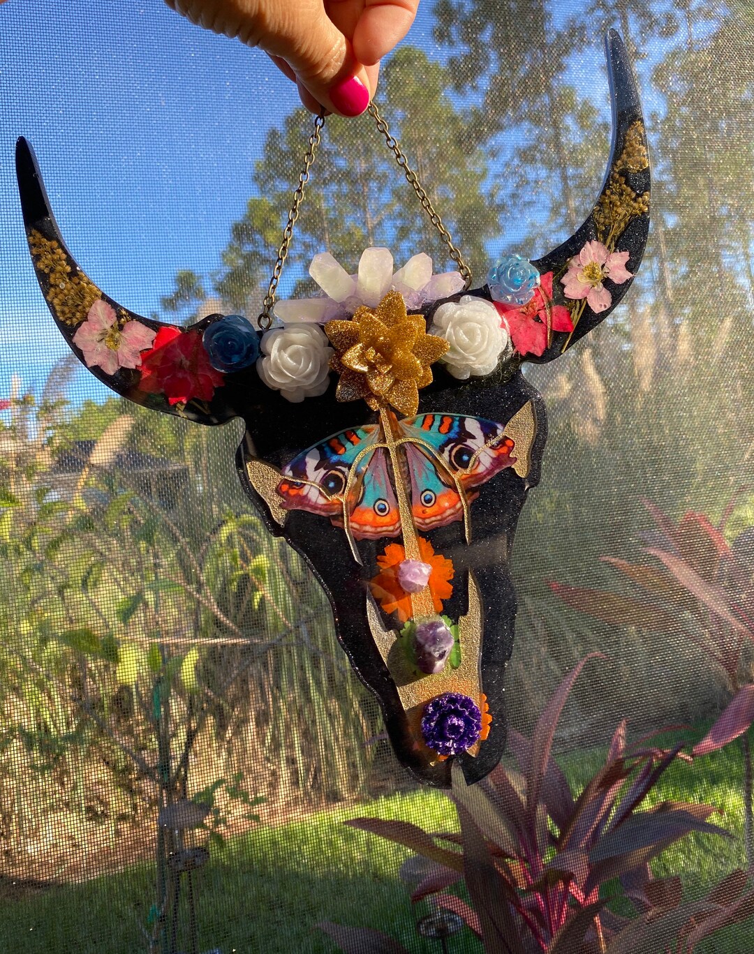 Moth, Flower & Amethyst Crystal Energy Cow Steer Bull Skull Succulents ...