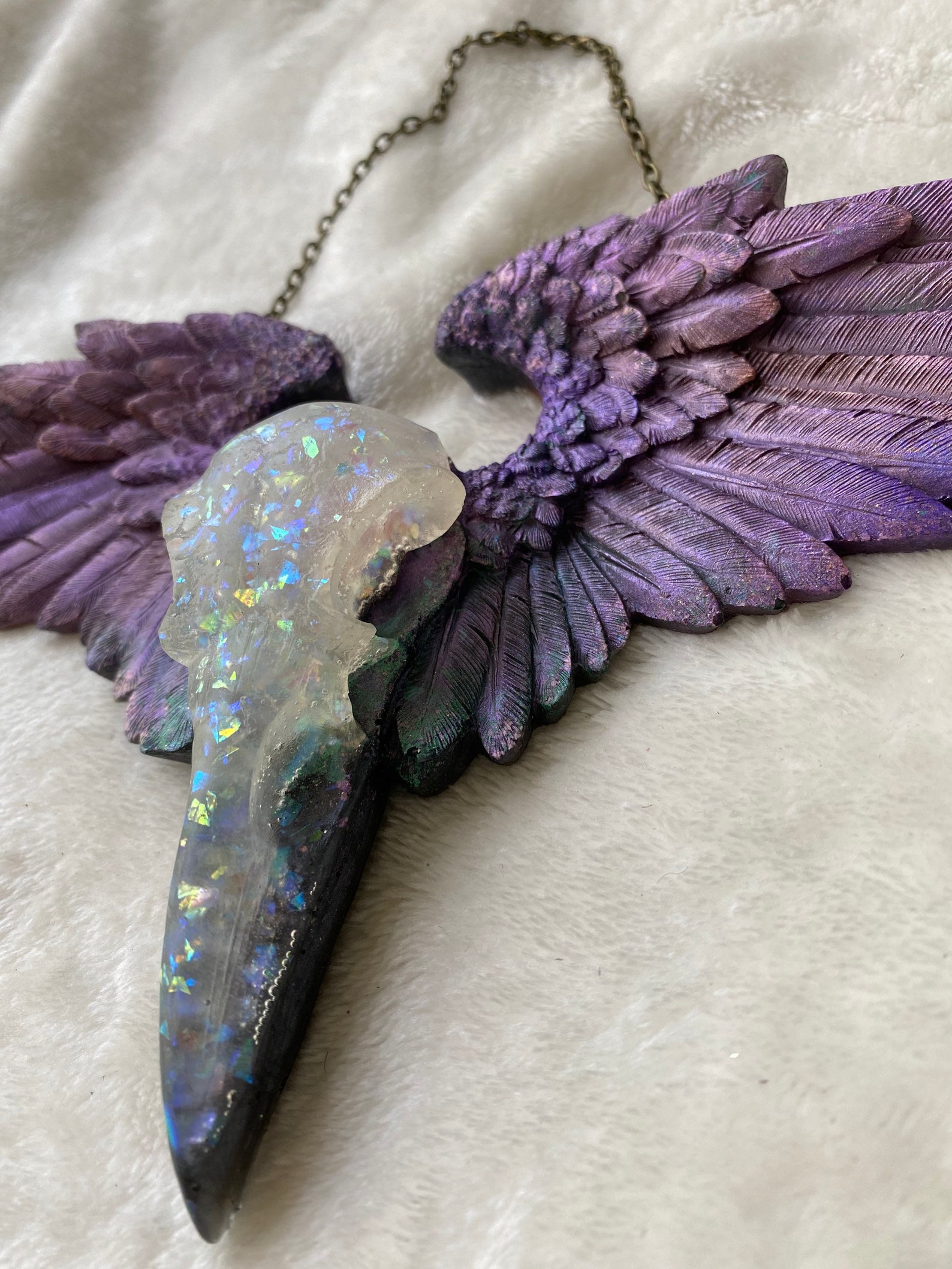 Winged Purple wings Hanging Crow Raven Skull Opalescent opal | Etsy