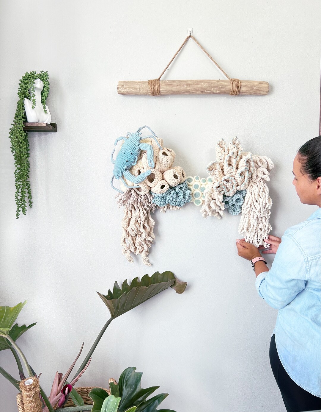 Blue Crab Art/ Beige and Blue Macrame Art /coral Reef Art/ Nautical ...