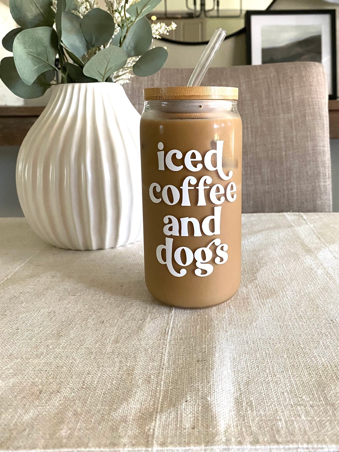 Iced Coffee & Dogs Iced Libbey Glass Cup With Lid and Straw - Etsy