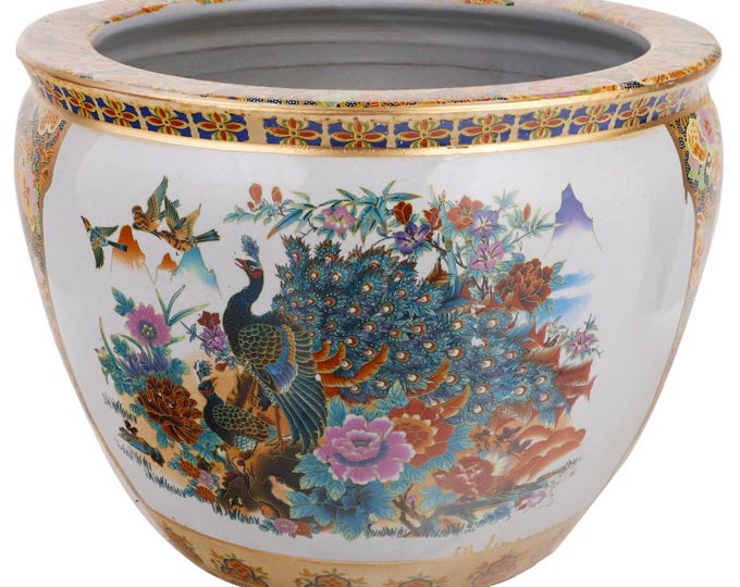 Mid Century Chinese Floral Fishbowl Planter Pot With Birds ...