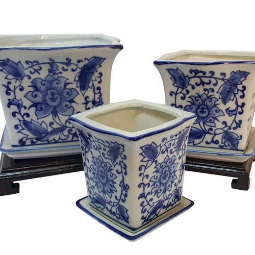 Blue and White Floral Motif Porcelain Hexagonal Pot - Etsy