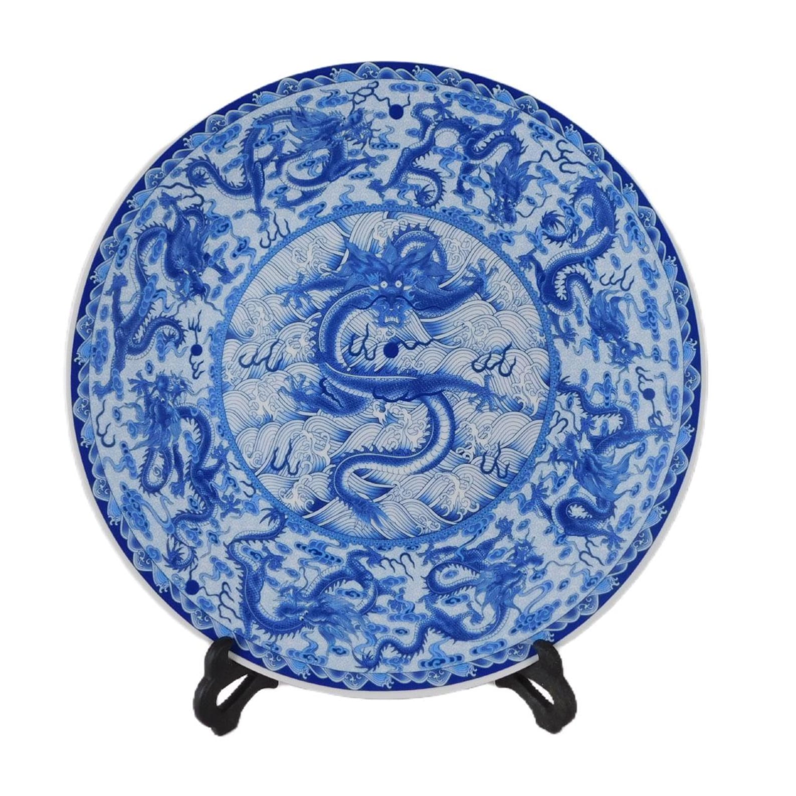 14" Exotic Chinese Porcelain Plate in Blue & White Dragon With Stand ...