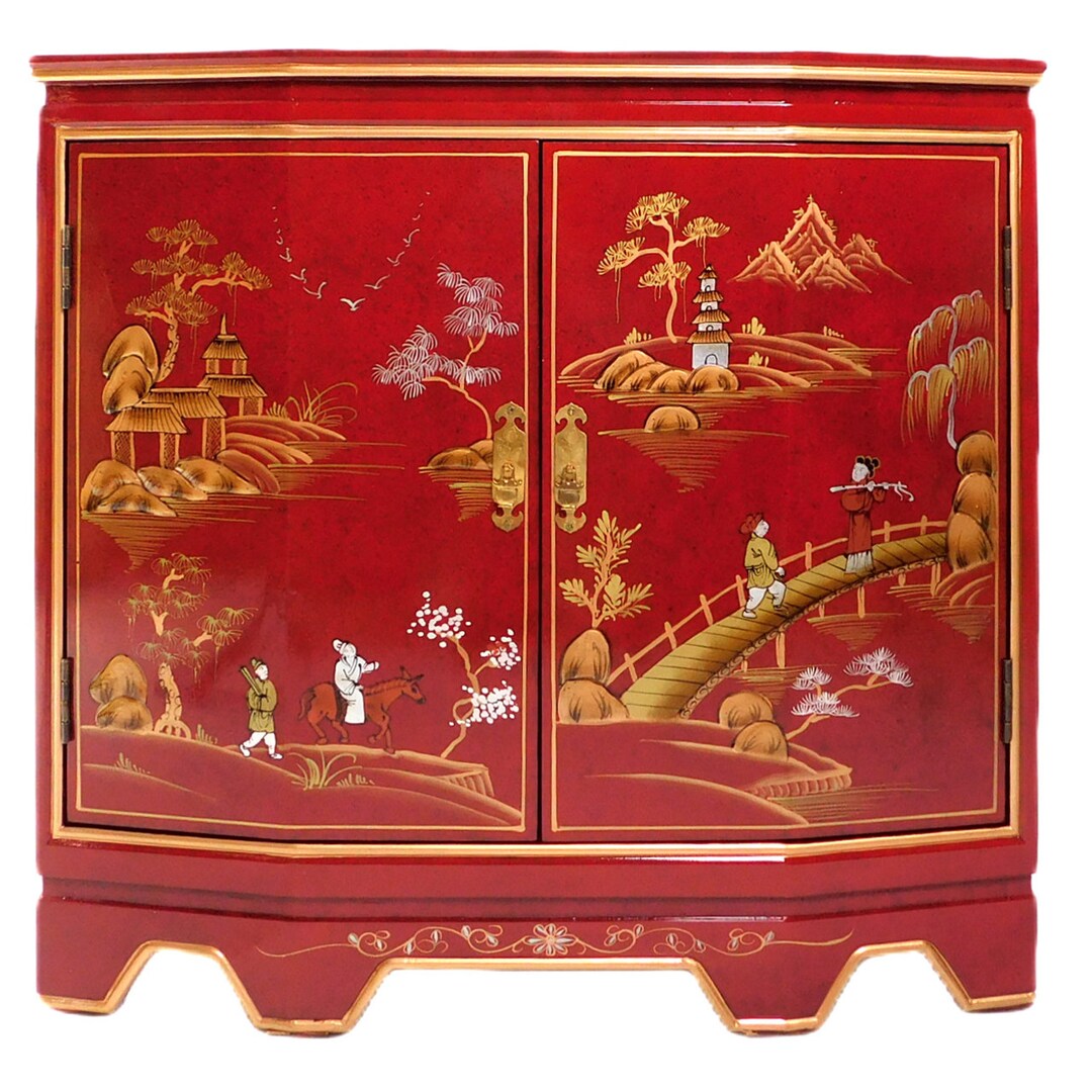32" W. Tortoise Shell Red Oriental Cabinet With Two Doors, Shelf, Glass ...