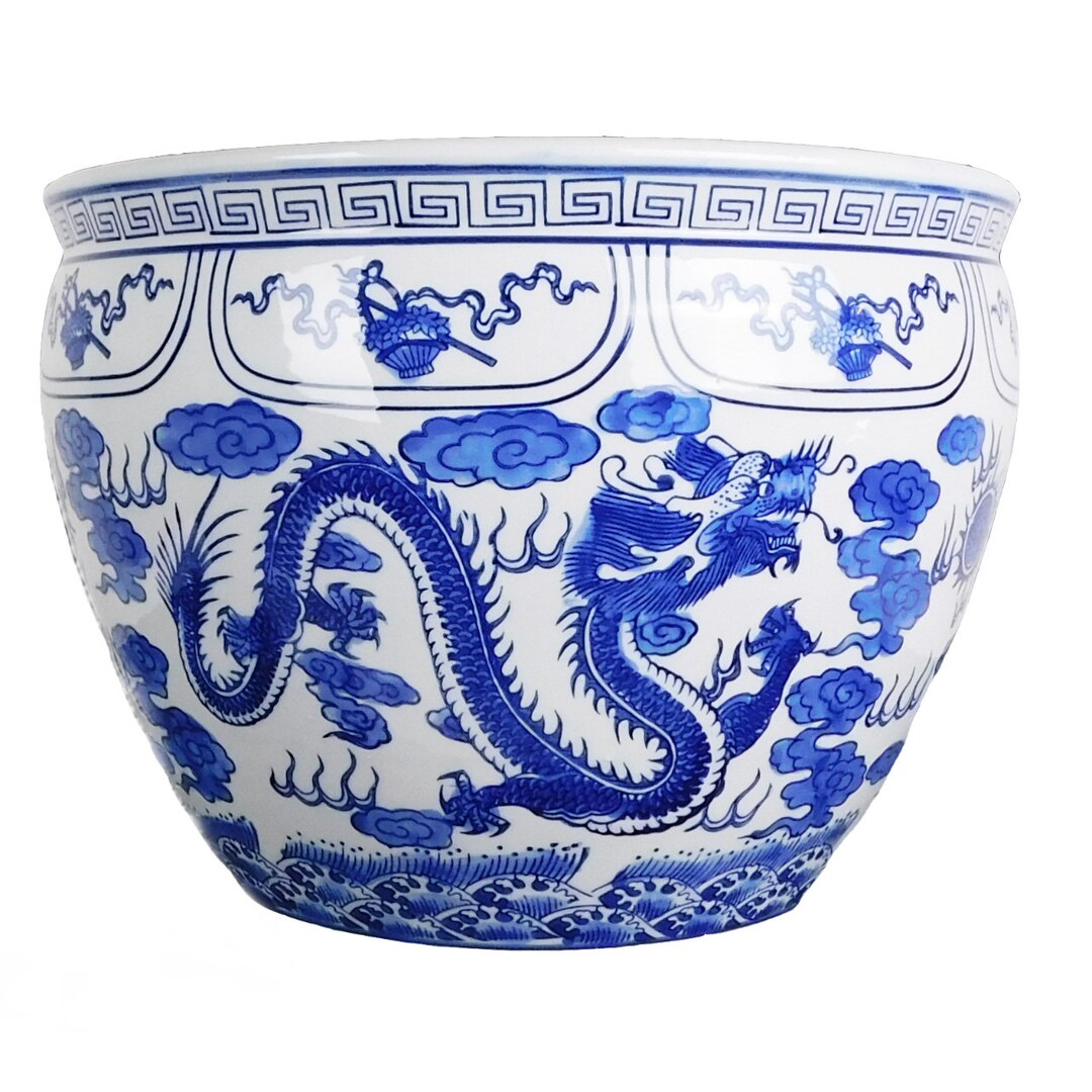 Blue and White Porcelain Fishbowl With Dragon Design - Etsy