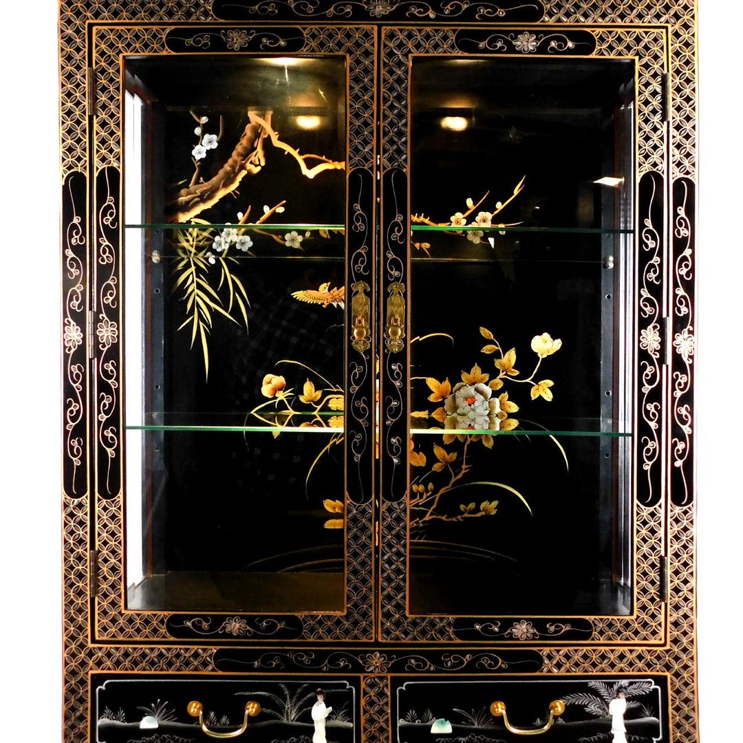 Hand Painted Chinese Lacquer Curio Cabinet - Etsy