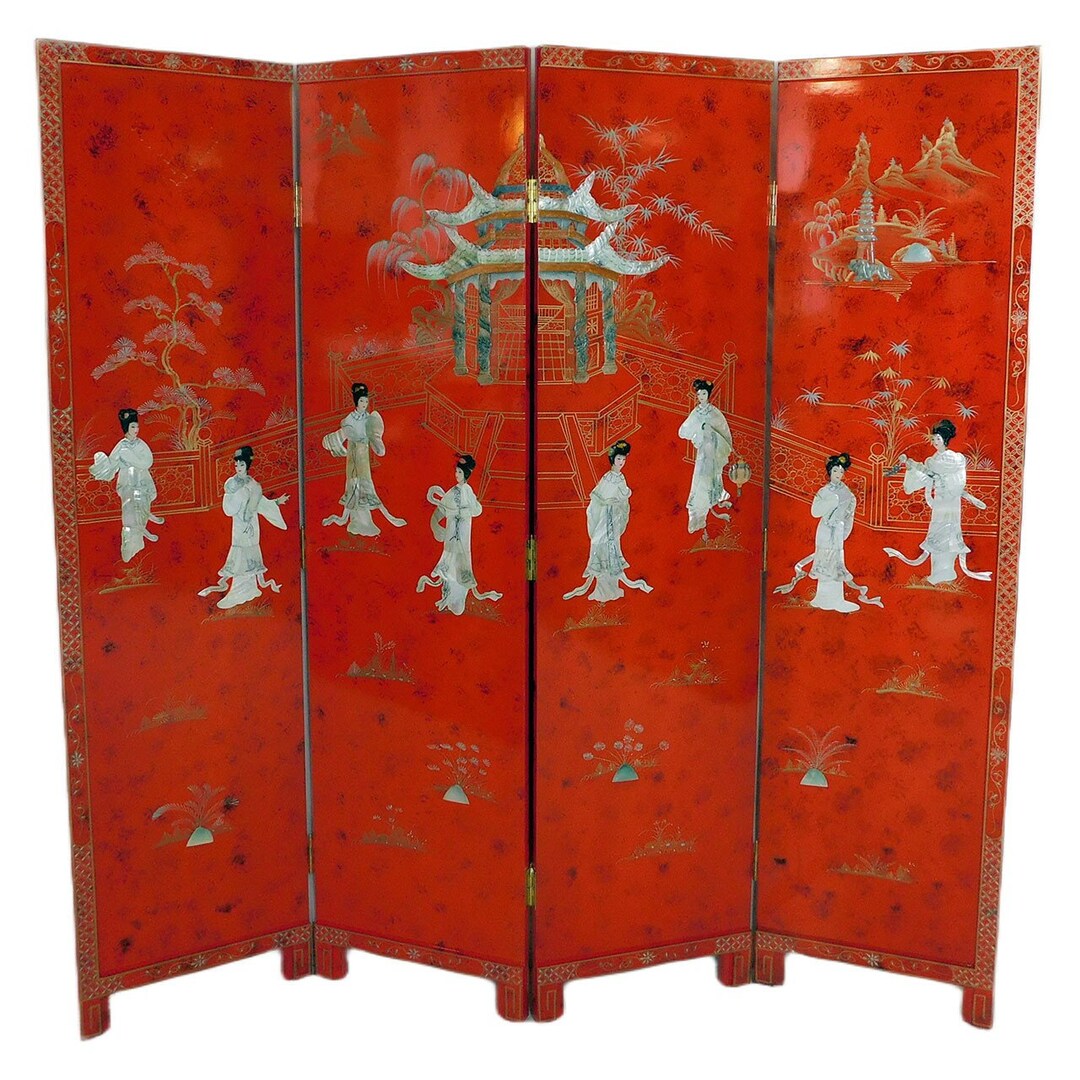 Chinese Red Lacquer Four Panel Room Divider Floor Screen With Mother of ...
