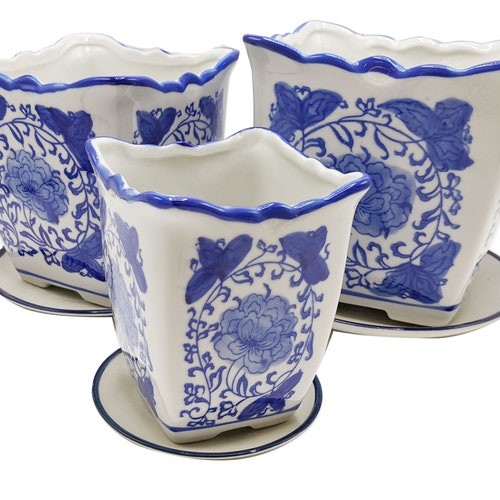 Blue and White Floral Motif Porcelain Hexagonal Pot - Etsy