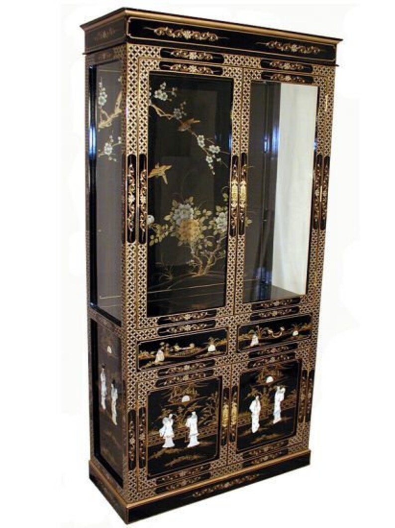 Hand Painted Chinese Lacquer Curio Cabinet - Etsy