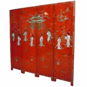 Chinese Red Lacquer Four Panel Room Divider Floor Screen With - Etsy