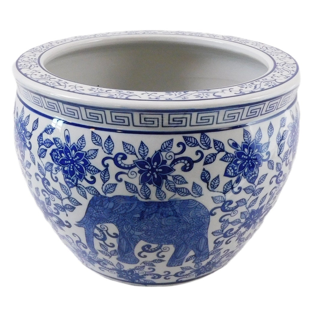 Blue and White Porcelain Fishbowl With Elephant Design - Etsy