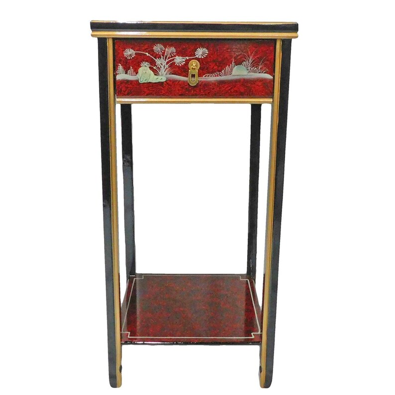 Red Oriental Stand with Drawer Shelf and Glass Top | Etsy