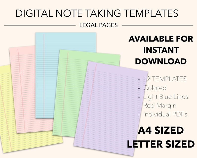 15 Digital Note Taking Templates LEGAL PAPER Colored Red | Etsy