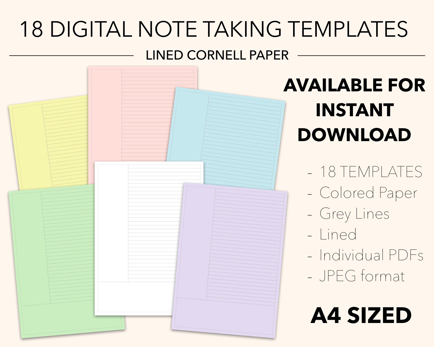 18 Digital CORNELL PAPER Templates Note Taking Grey Lines | Etsy