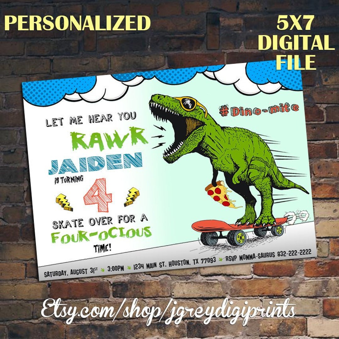 Skateboarding T-rex Pizza Party Invitation – Dinosaur Dino Invite ...