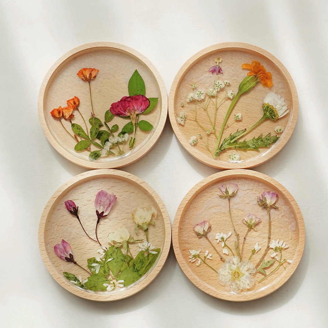 Dried Rose Coaster Set, Wood Flower Coaster Set, Red Rose Decor, Cute ...