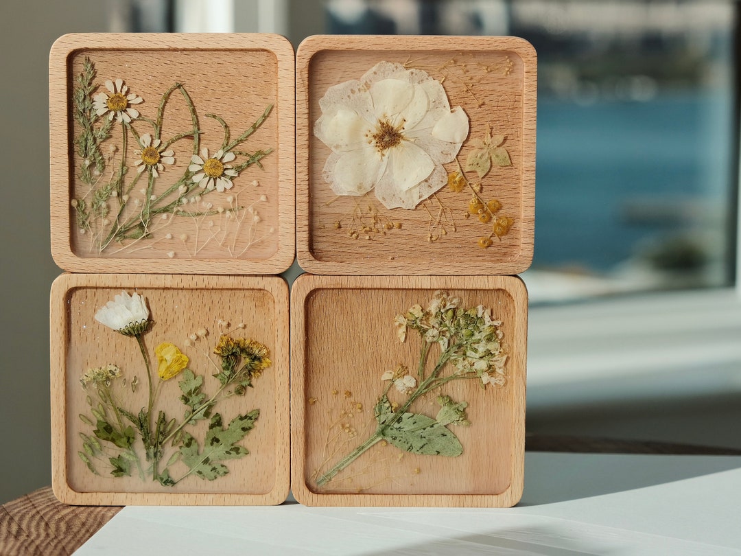 Square Pressed Flower Coaster Set of 4, White Rose Coaster, Chamomile ...