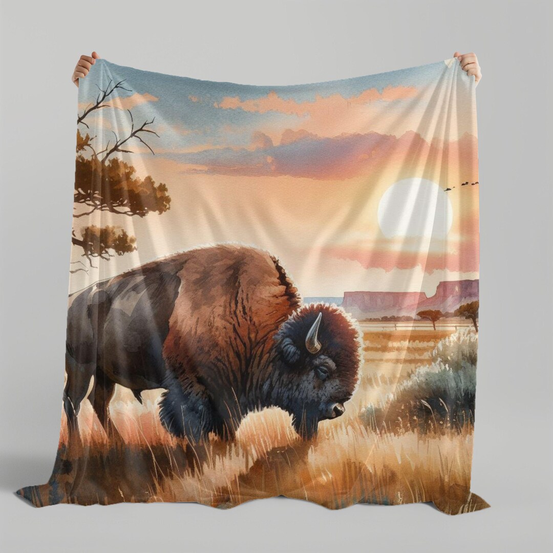 Watercolor Bison Throw Blanket Cozy Sunset Buffalo Blanket Rustic ...