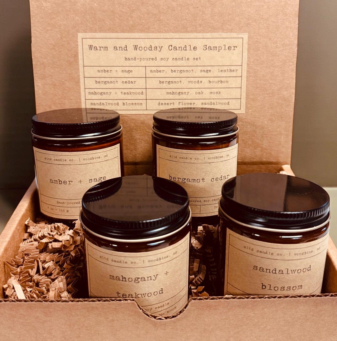 Warm and Woodsy Candle Sampler | Set of 4 Mini Earthy Soy Candles - Etsy