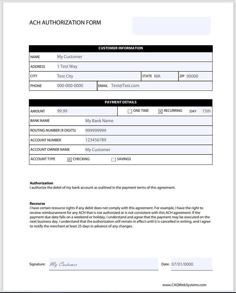 ACH AUTHORIZATION Fillable PDF Form - Etsy