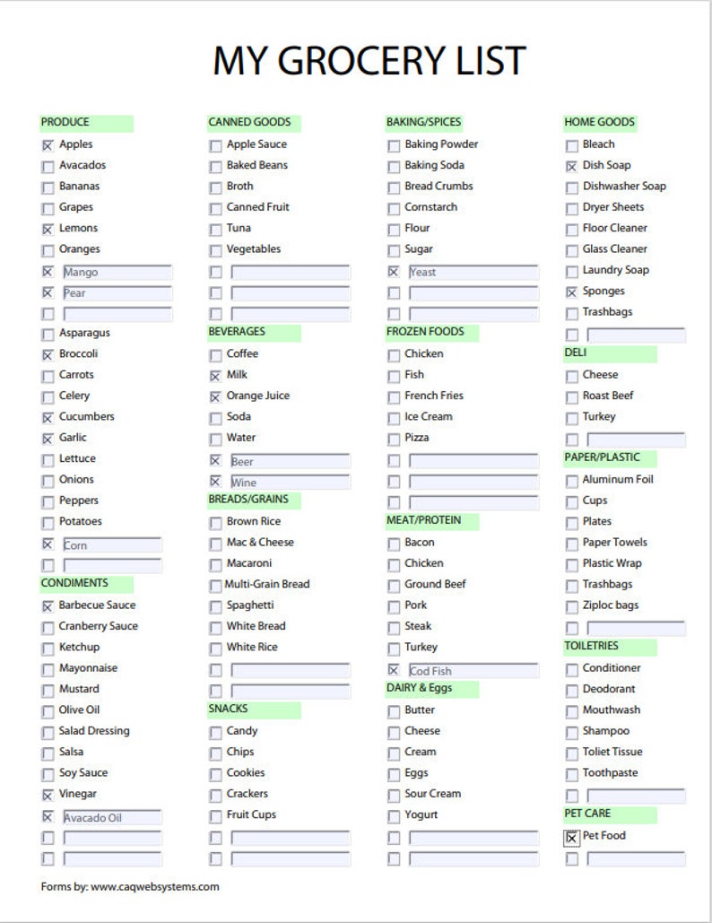 MY GROCERY List - PDF Grocery Checklist and Fillable Form - Etsy