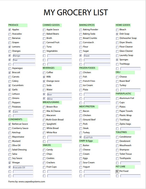 MY GROCERY List - PDF Grocery Checklist and Fillable Form - Etsy