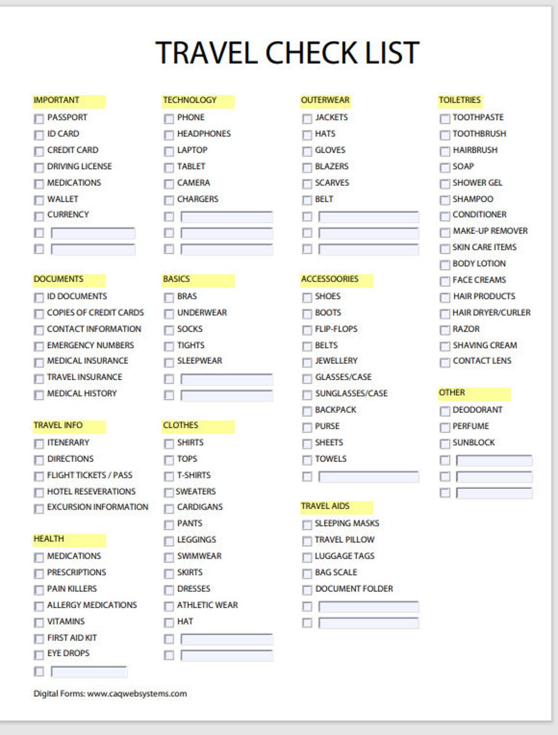 MY TRAVEL Checklist - Fillable PDF - Etsy