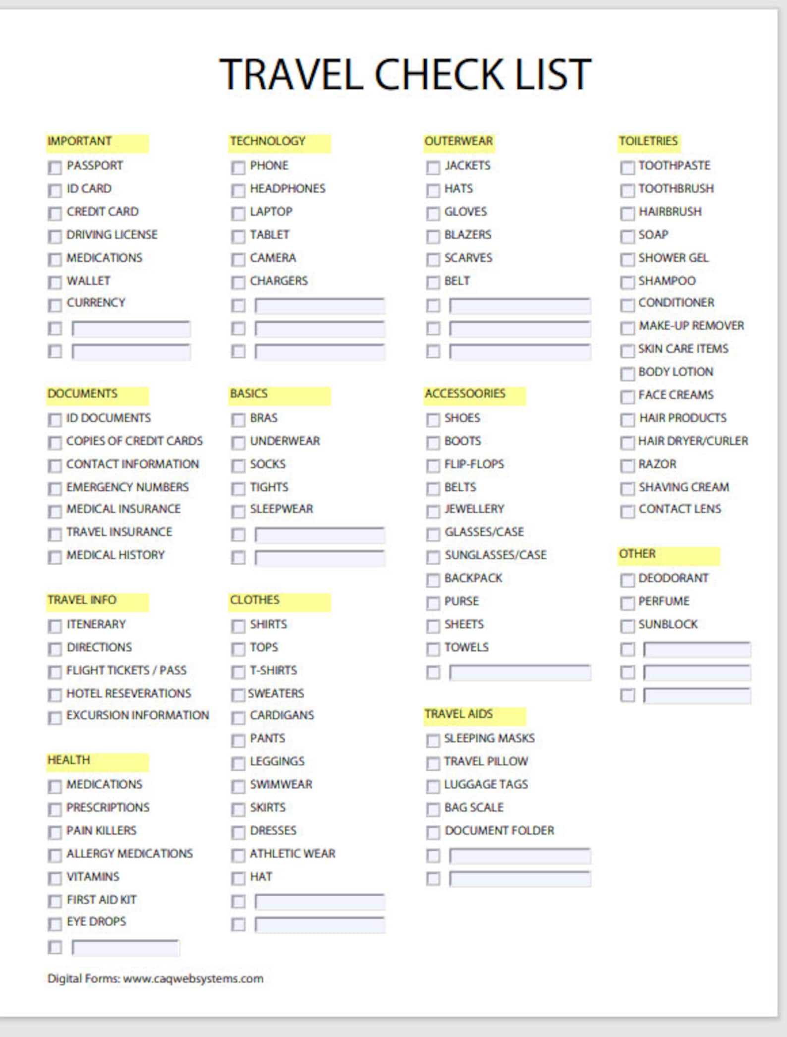 MY TRAVEL Checklist - Fillable PDF - Etsy
