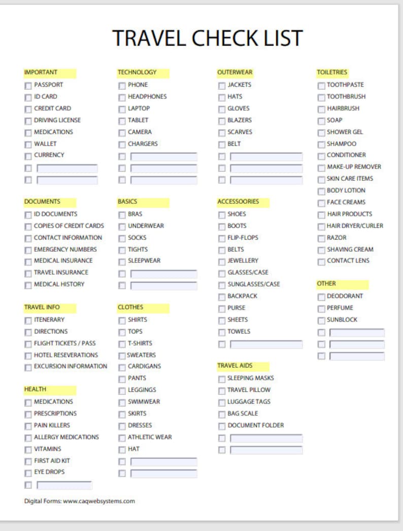 MY TRAVEL Checklist - Fillable PDF - Etsy