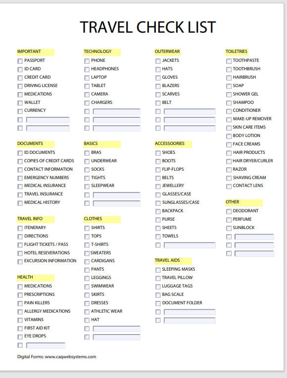 MY TRAVEL Checklist - Fillable PDF - Etsy