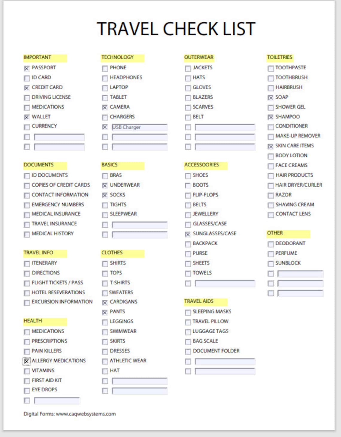 MY TRAVEL Checklist - Fillable PDF - Etsy