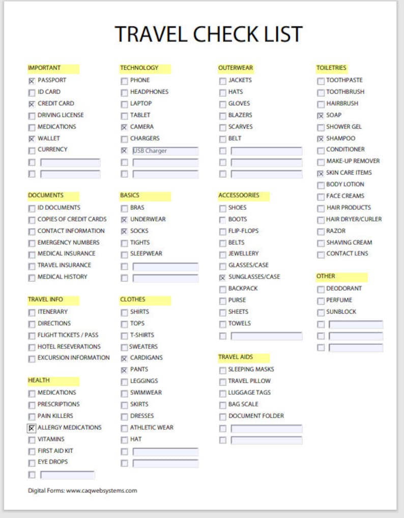 MY TRAVEL Checklist - Fillable PDF - Etsy