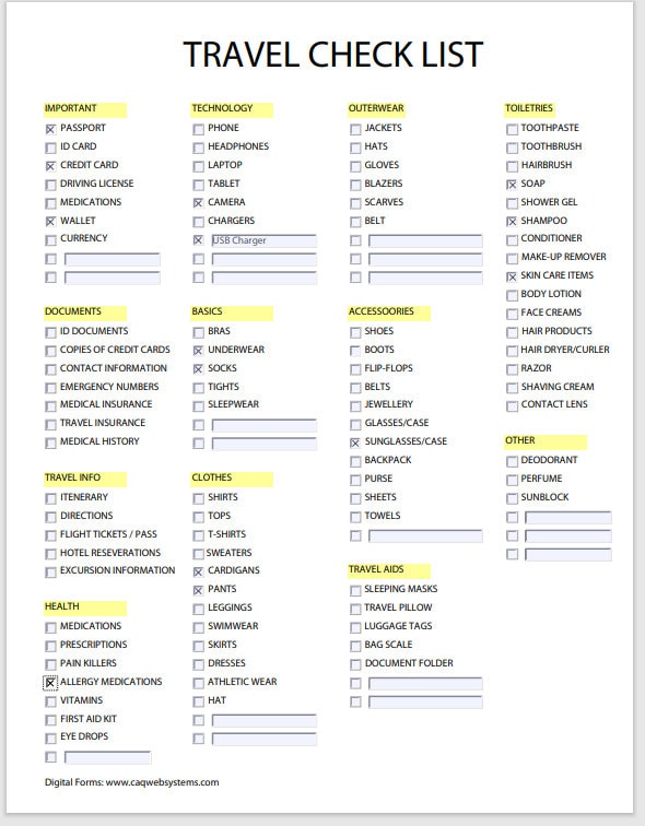 MY TRAVEL Checklist - Fillable PDF - Etsy