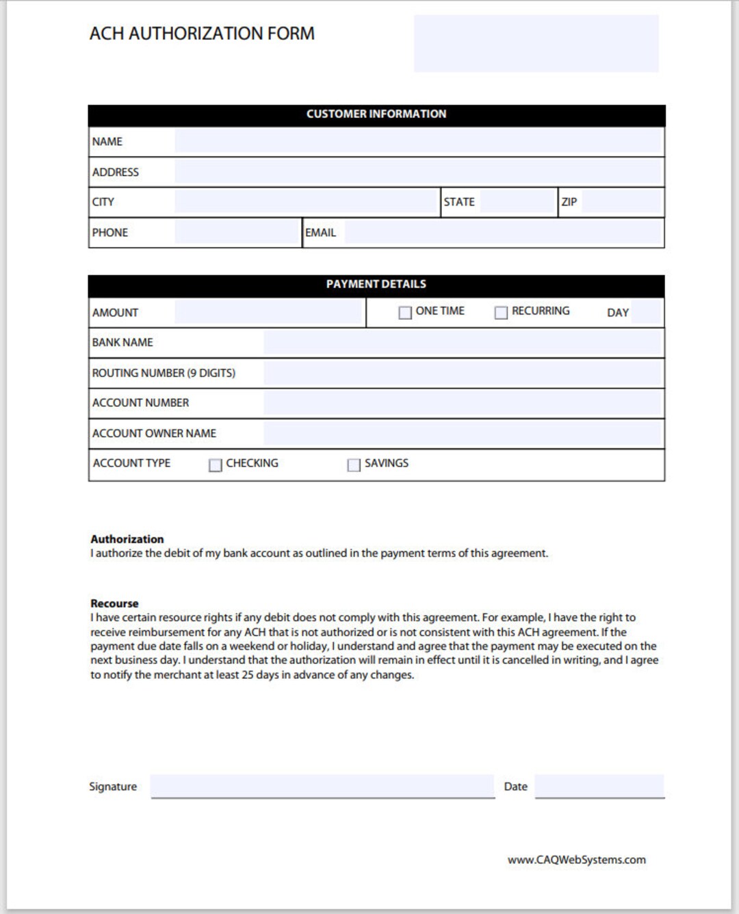 ACH AUTHORIZATION Fillable PDF Form - Etsy