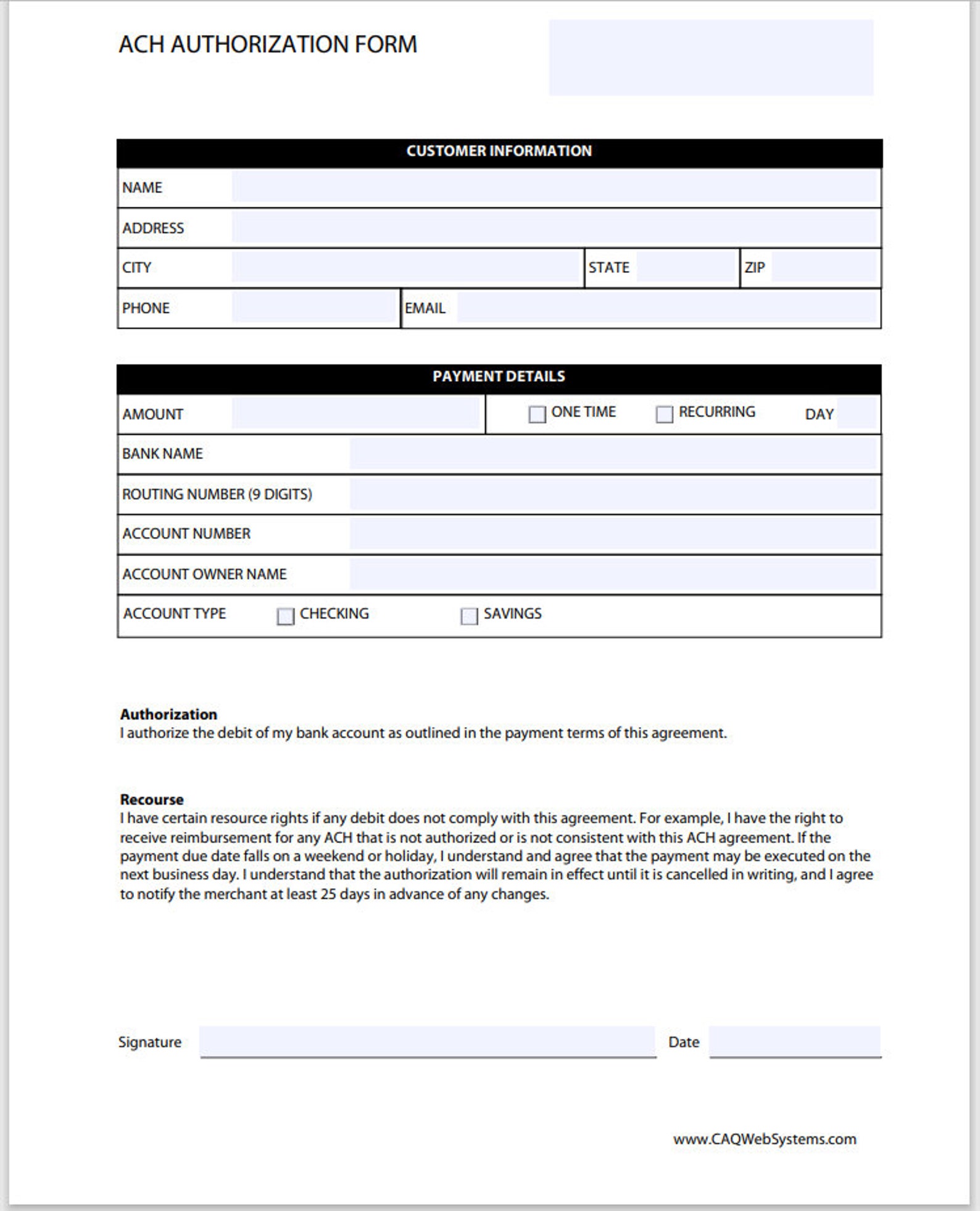 ACH AUTHORIZATION Fillable PDF Form - Etsy