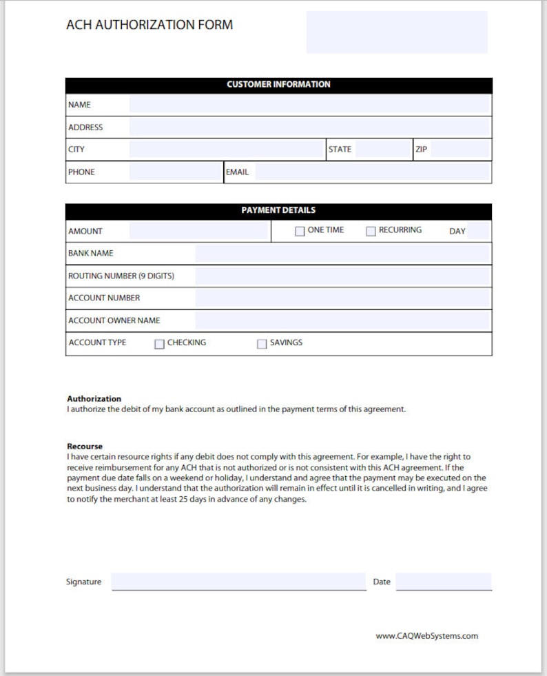 ACH AUTHORIZATION Fillable PDF Form - Etsy