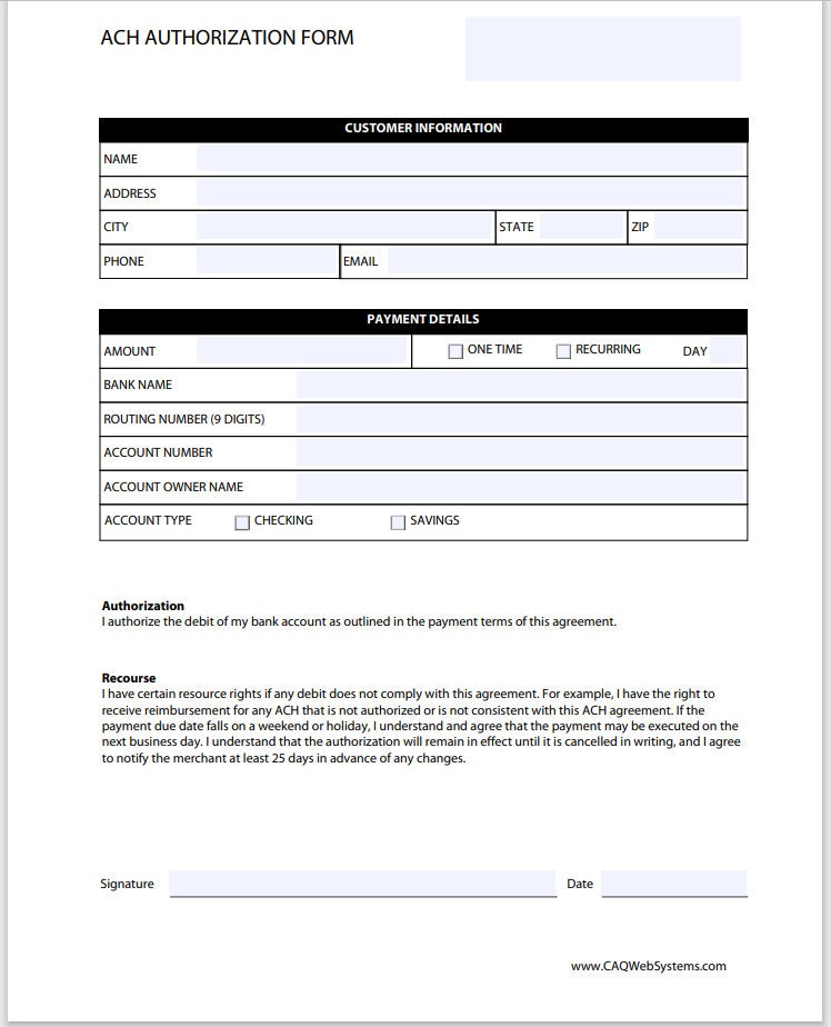 ACH AUTHORIZATION Fillable PDF Form - Etsy